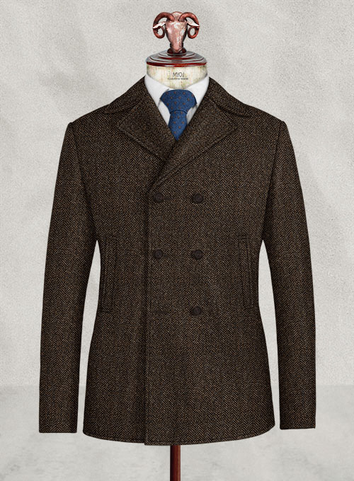Harris Tweed Dark Brown Herringbone Pea Coat : Made To Measure Custom ...